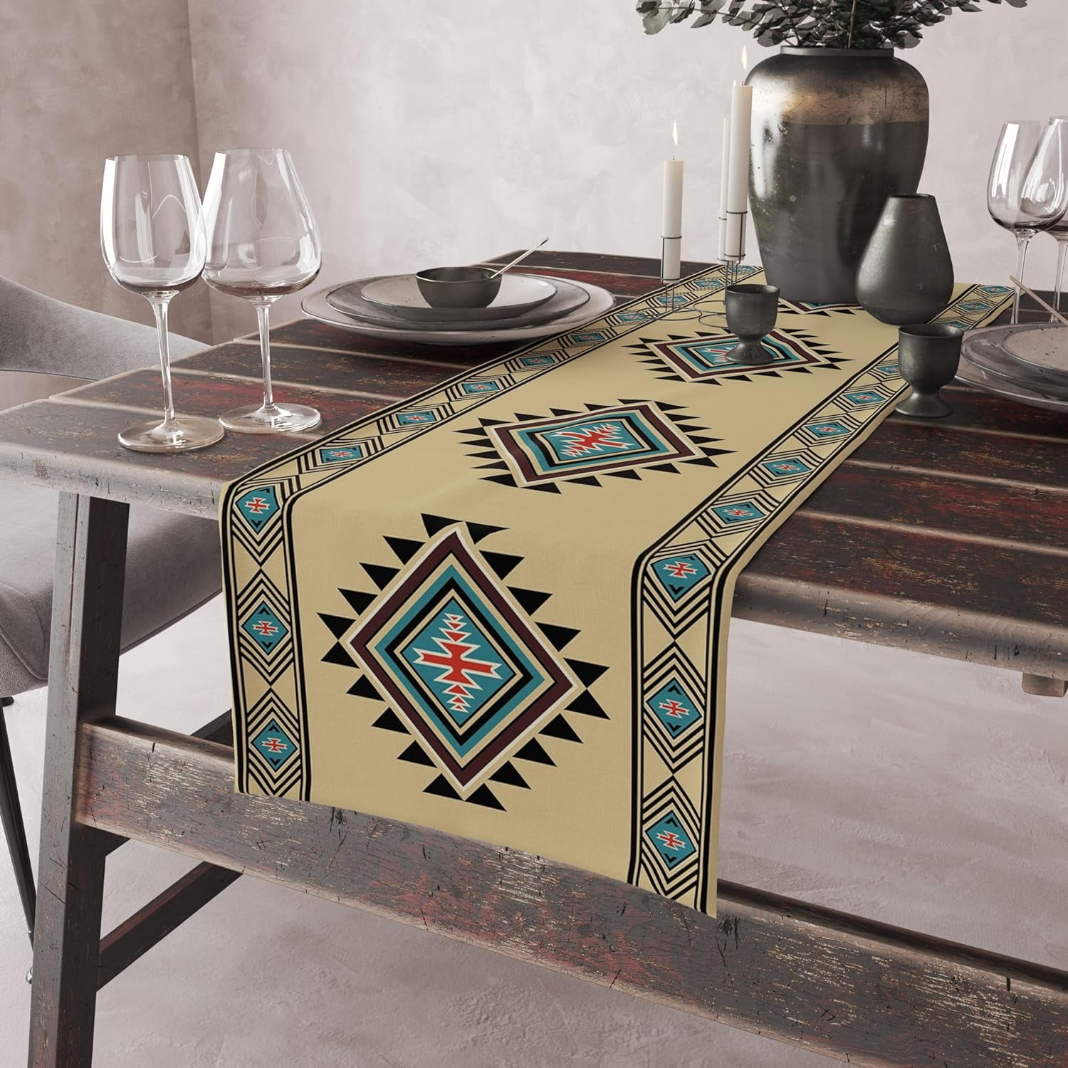 Aztec Table Runner Rustic Country Colorful Aztec Tribal Geometric Shape ...