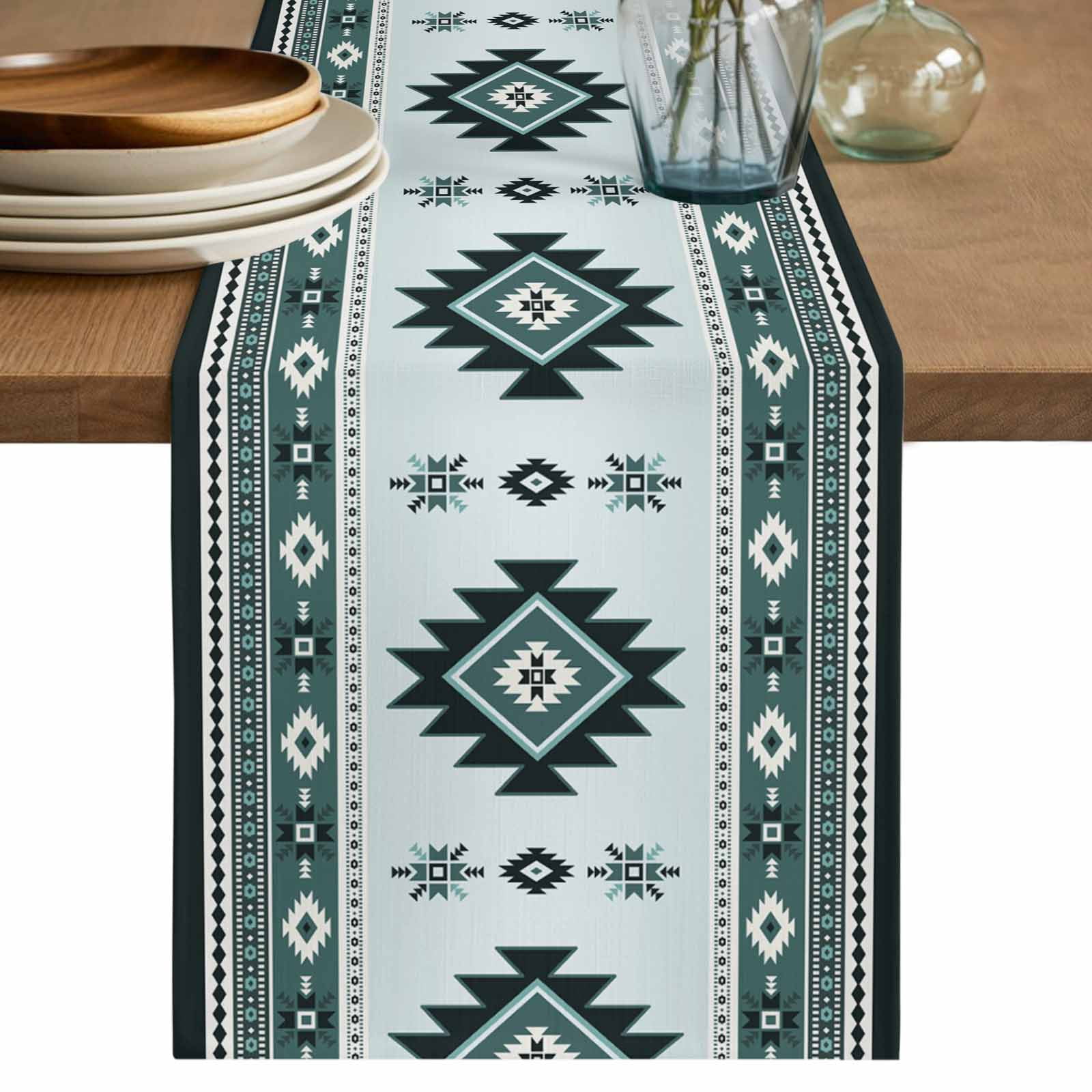 Aztec Table Runner, Southwest Wind Bohemian Water Duck Green Cotton ...