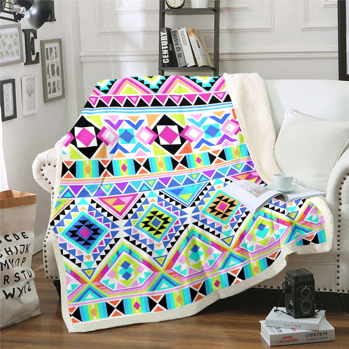 Aztec Throw Blanket Throw 50"X60" Neon Geometric Diamond Sherpa Blanket ...