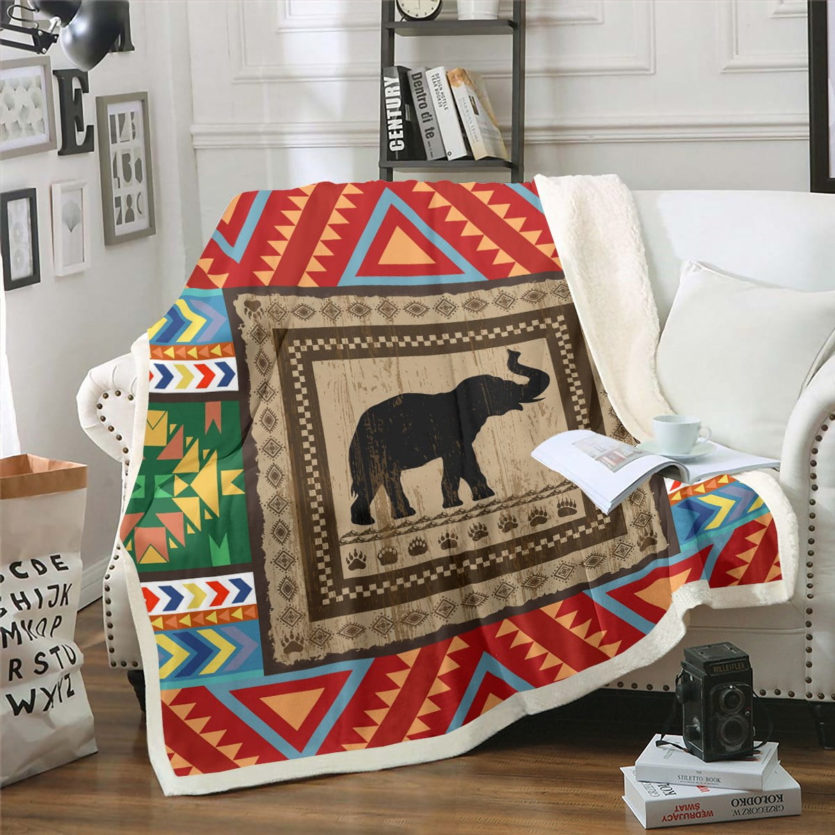 Aztec Throw Blanket Twin Size Black Elephant Fleece Blanket Rustic ...