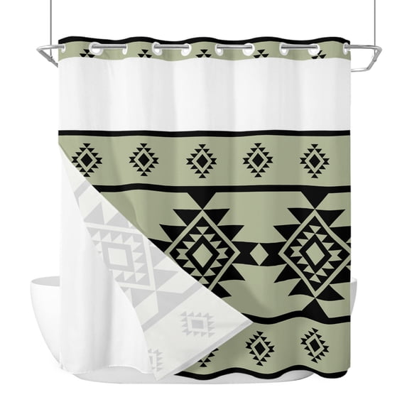 Aztec Triangle Pattern No Hook Shower Curtain with Snap in Liner, Green ...