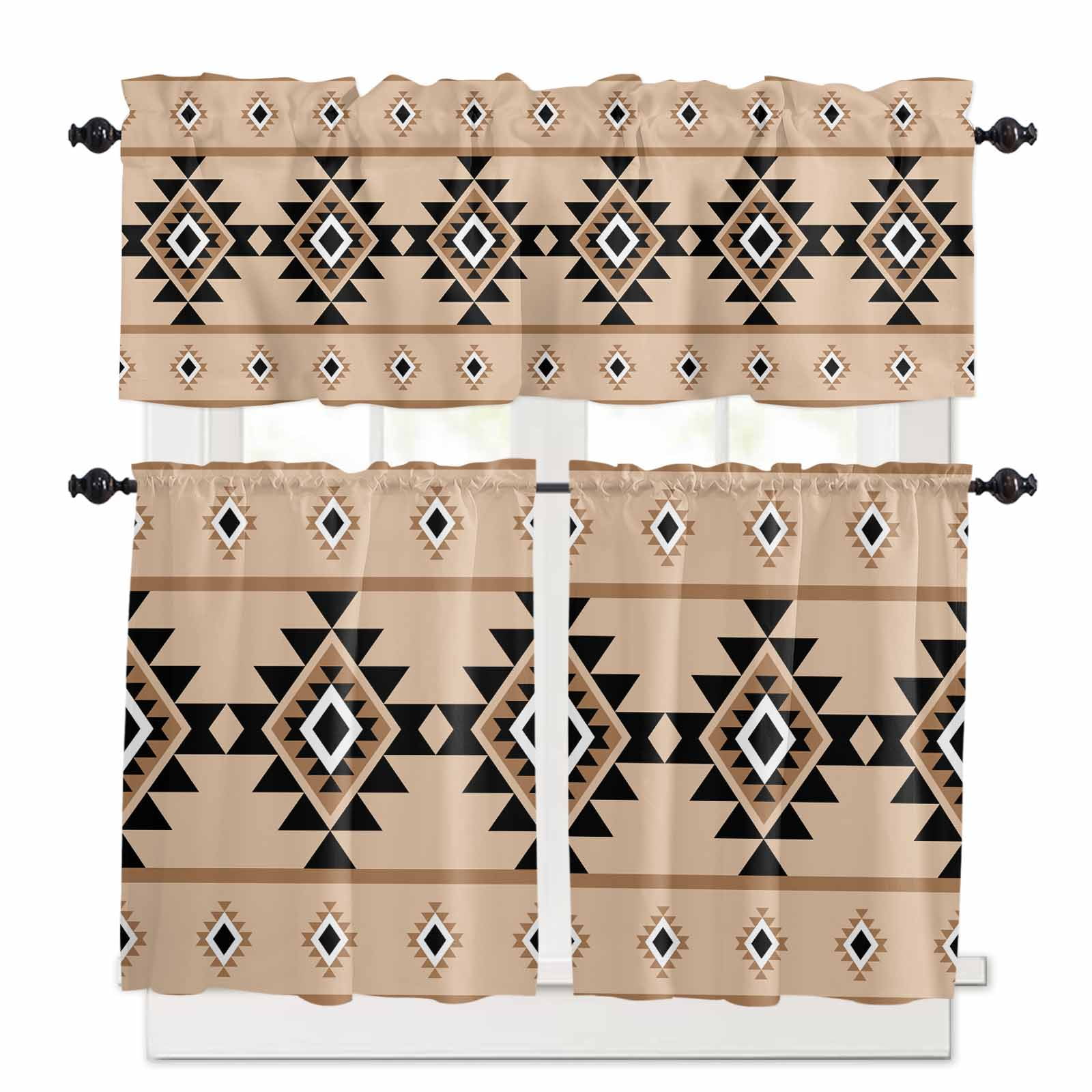 Aztec Triangle Pattern Kitchen Curtains Valance and Tier Set Brown ...