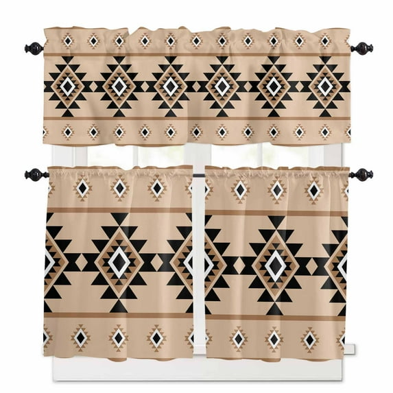 Aztec Triangle Pattern Kitchen Curtains Valance and Tier Set Brown ...