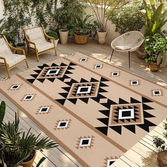 Aztec Triangle Pattern Outdoor Rug, Brown Black Western Tribal Non-Slip ...