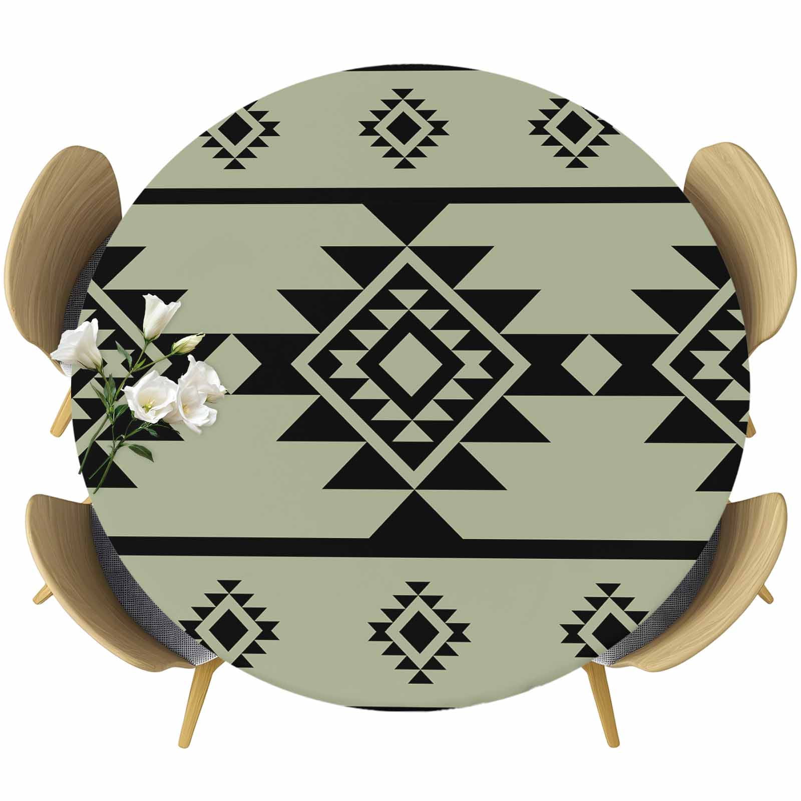 Aztec Triangle Pattern Round Fitted Tablecloth with Elastic Edge, Green ...