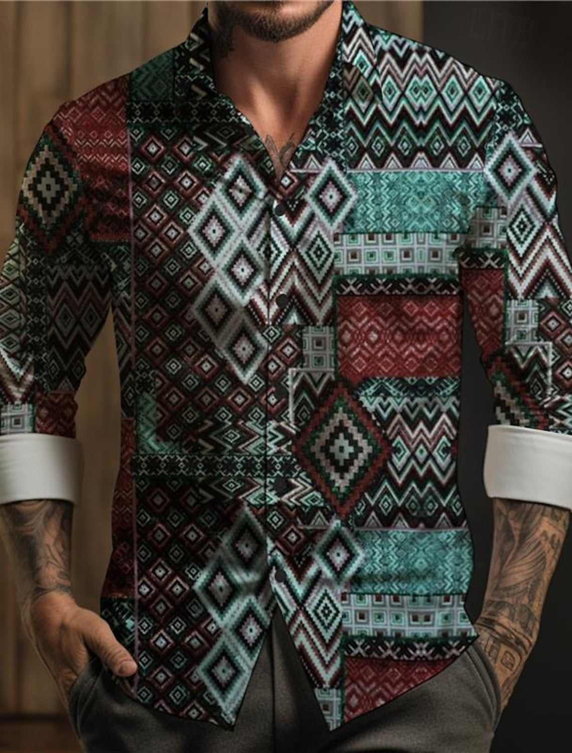 Aztec Tribal Ethnic Men's Vintage style 3D Printed Boho Shirt Street ...