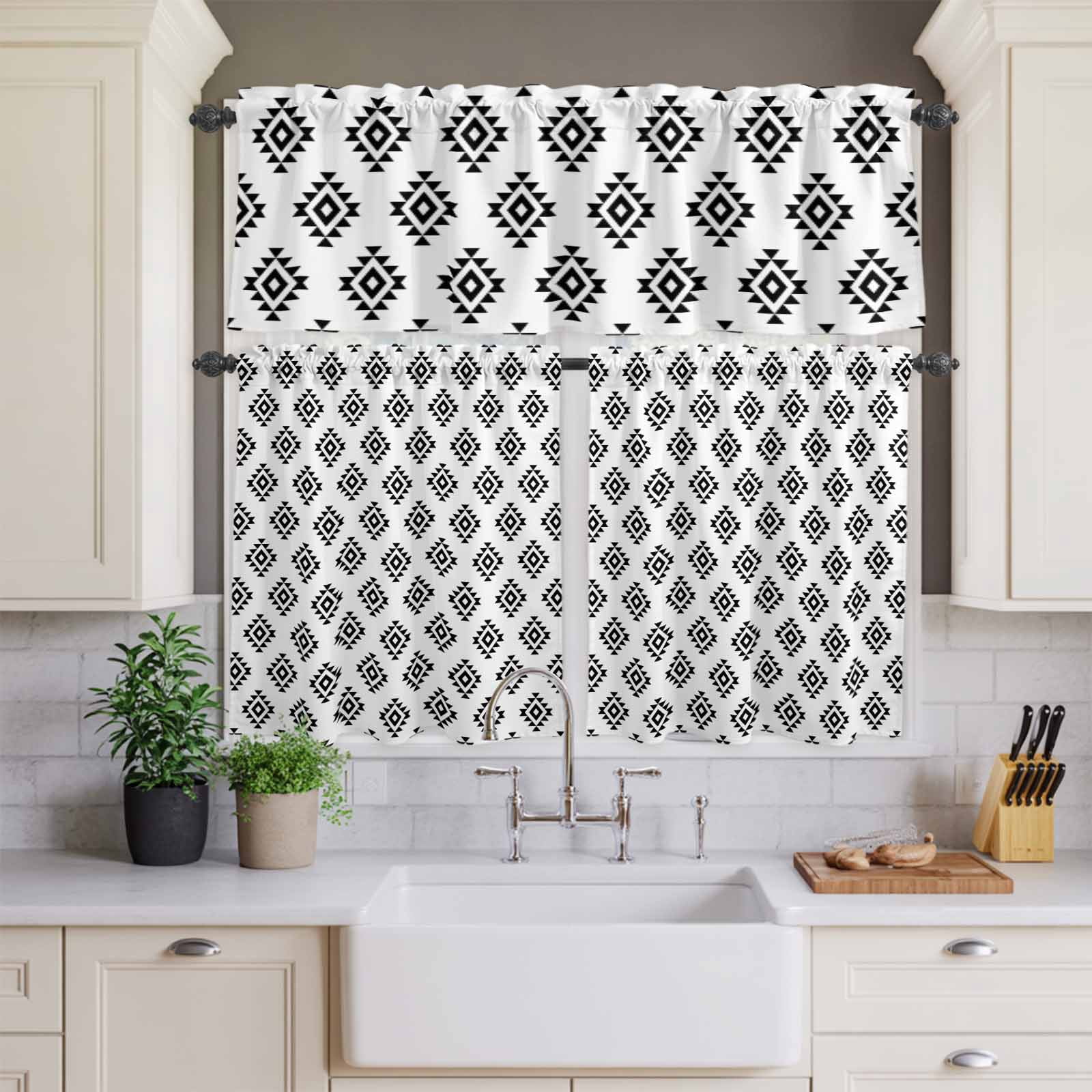 Aztec Tribal Pattern Curtain Tier and Valance Set 3 Piece,Abstract ...