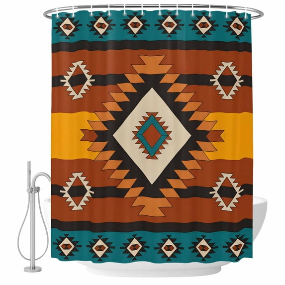 Aztec Tribe Bathroom Shower Curtains with Hooks, Brown Orange Abstract ...