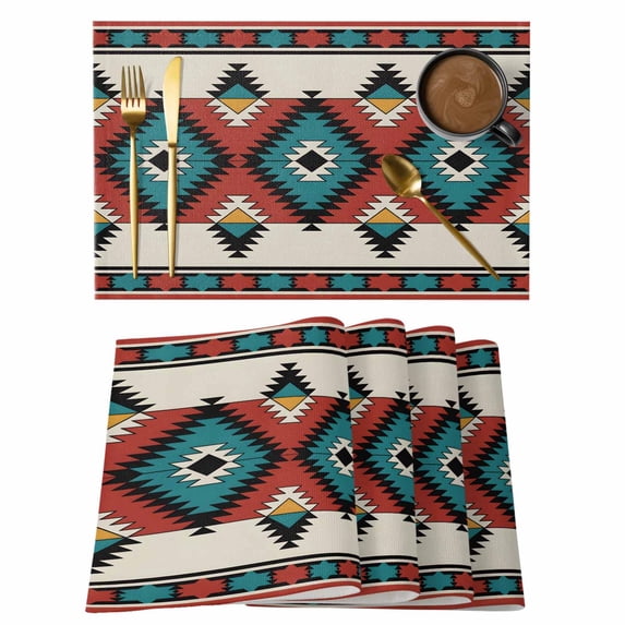 Aztec Tribe Cotton Linen Placemats Set of 2, Red Black Blue Rhombus ...
