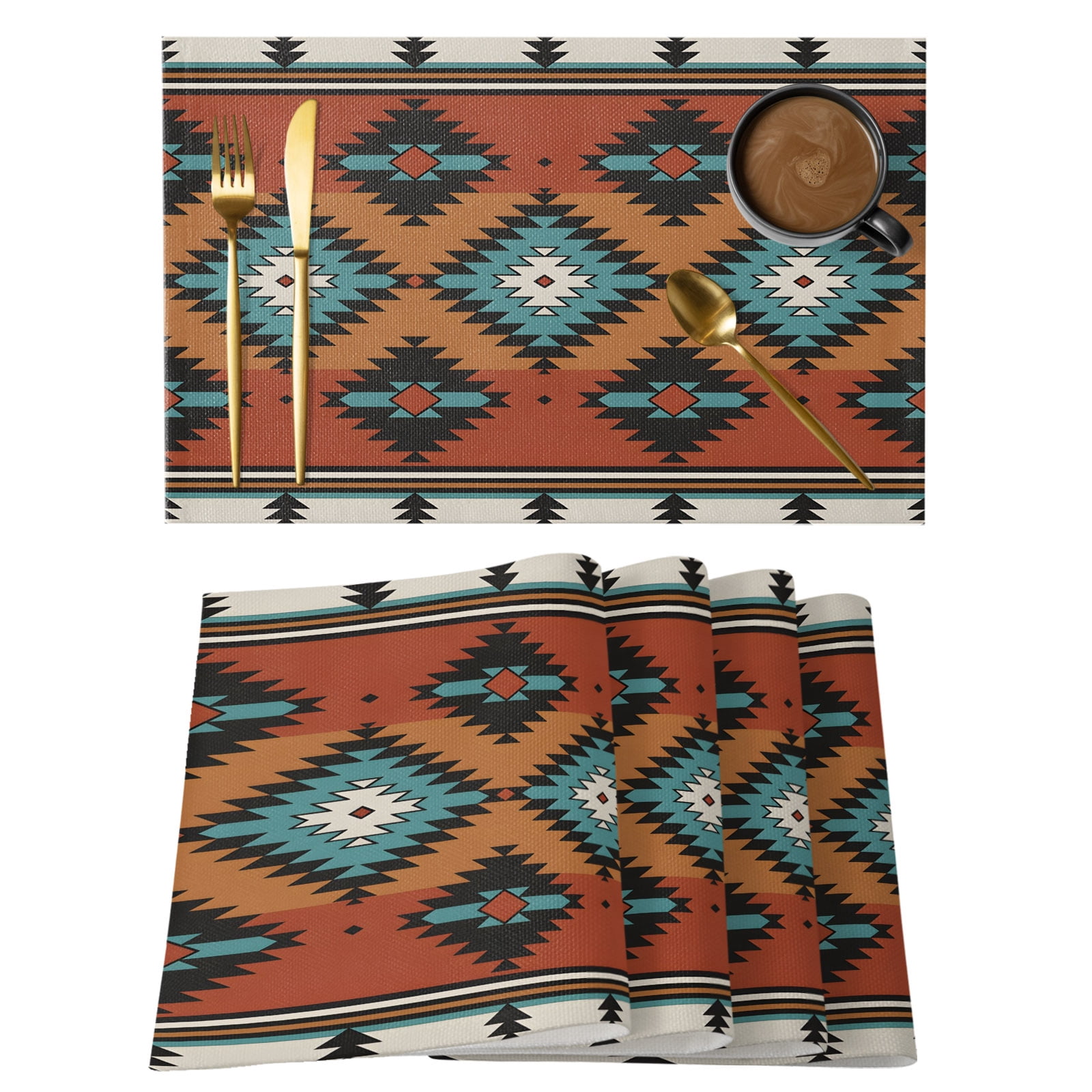 Aztec Tribe Cotton Linen Placemats Set of 6, Blue Rhombus Geometric ...