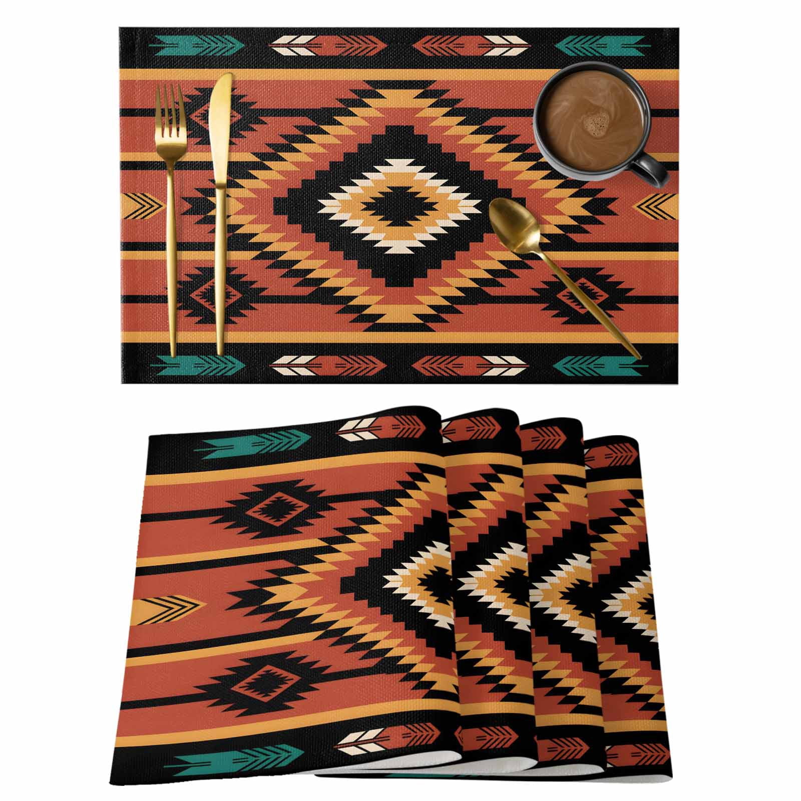 Aztec Tribe Cotton Linen Placemats Set of 8, Brown Green Abstract ...