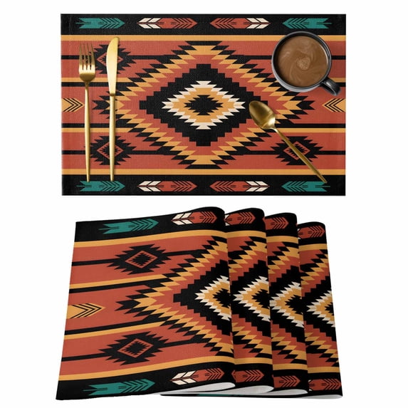 Aztec Tribe Cotton Linen Placemats Set of 8, Brown Green Abstract ...