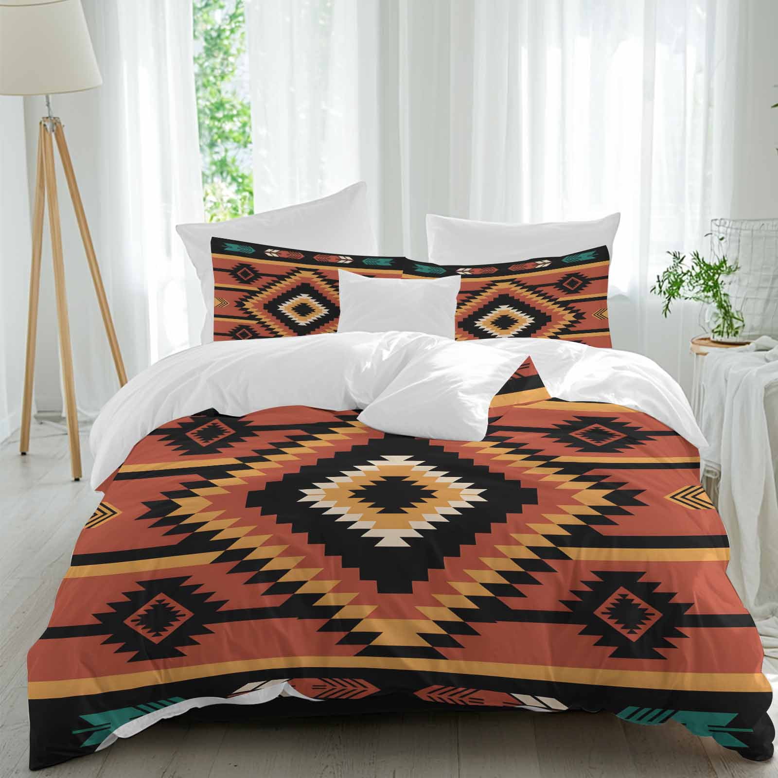 Aztec Tribe Duvet Cover Set Queen Size, Brown Green Abstract Vintage ...