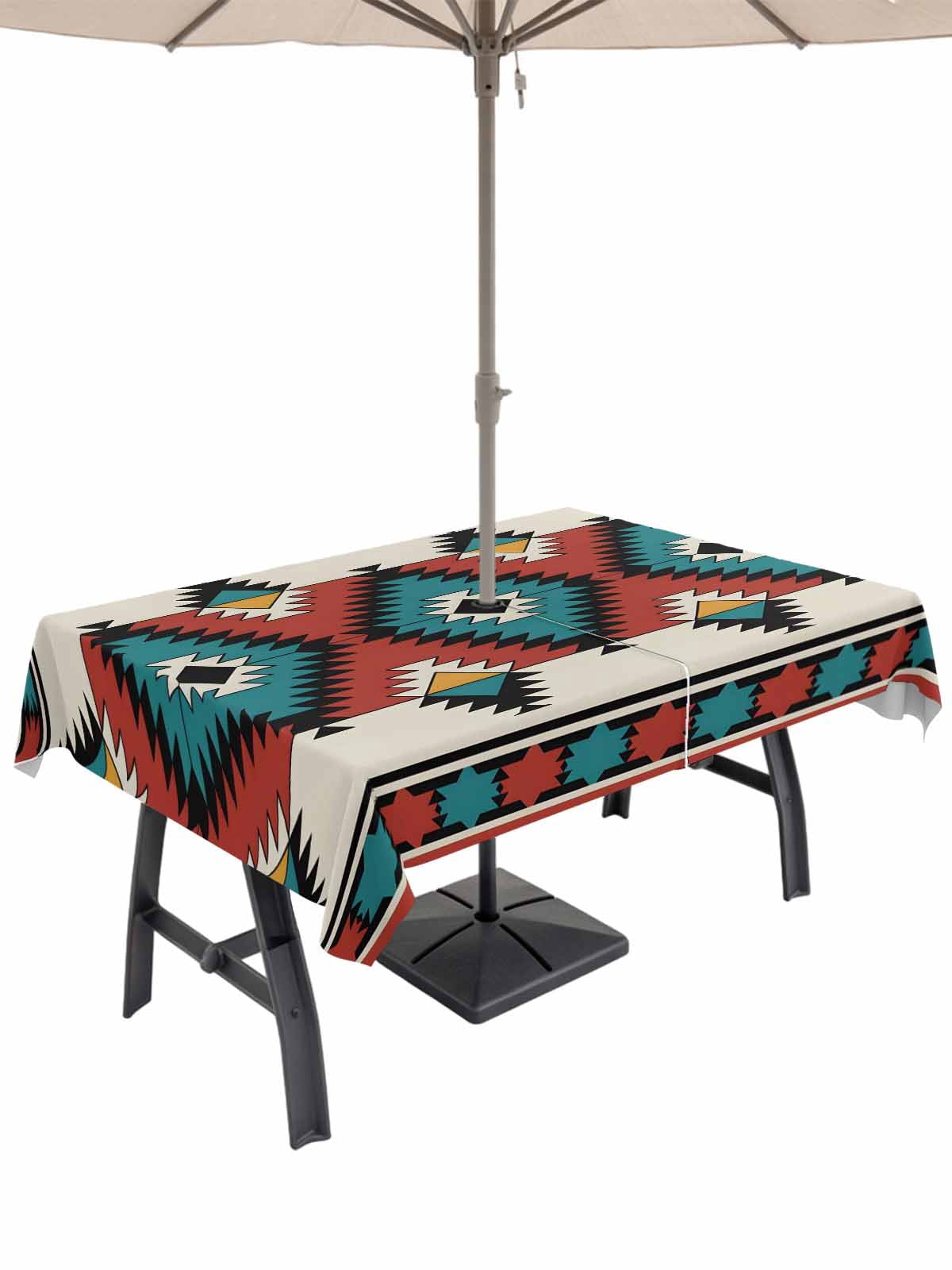 Aztec Tribe Rectangle Outdoor Tablecloth with Umbrella Hole Red Black ...