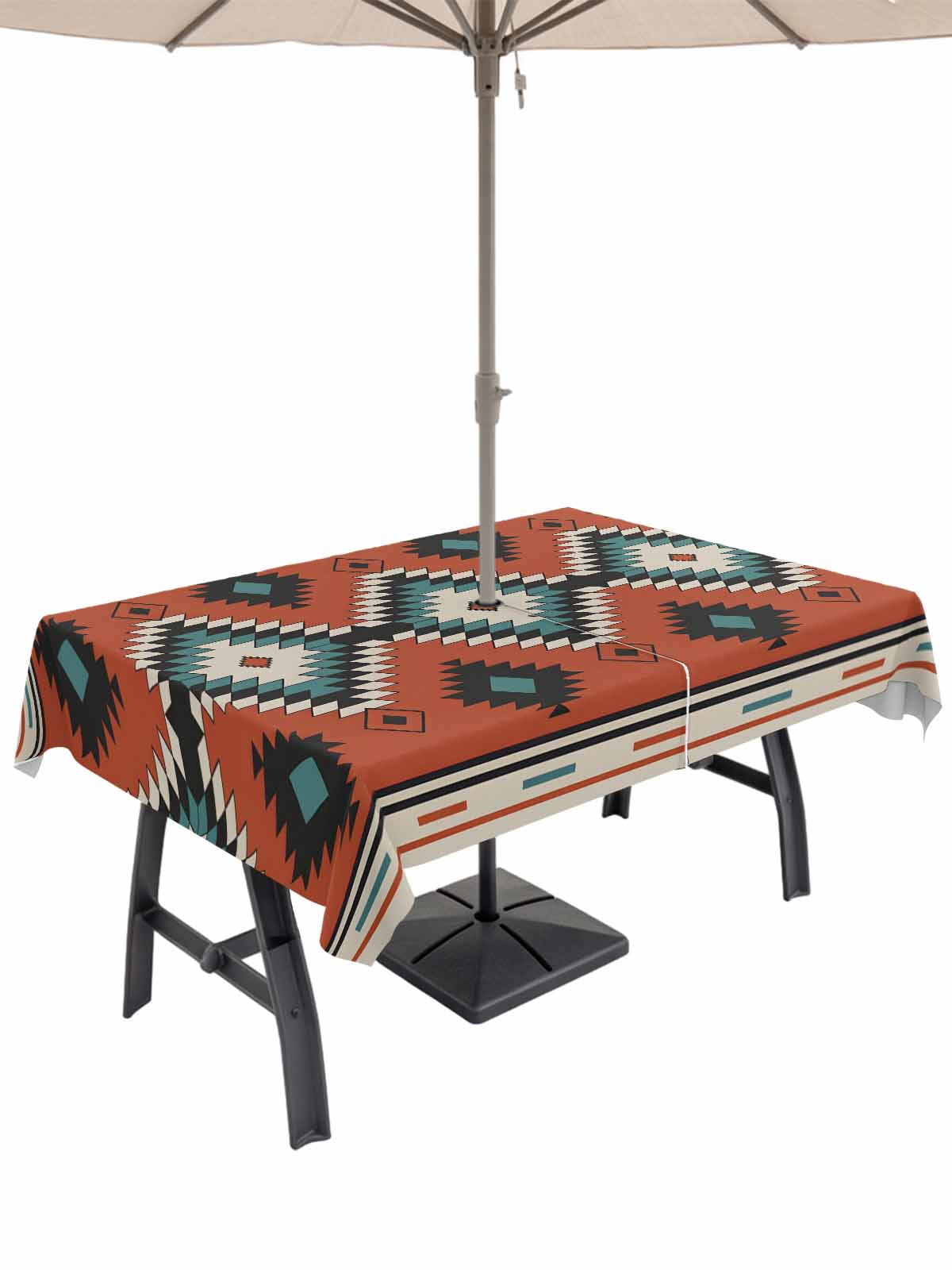 Aztec Tribe Rectangle Outdoor Tablecloth with Umbrella Hole Rhombus ...