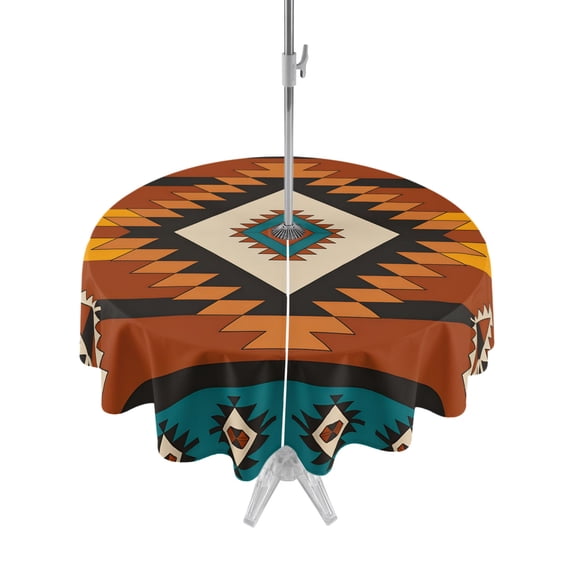 Aztec Tribe Round Outdoor Tablecloth with Umbrella Hole Brown Orange ...