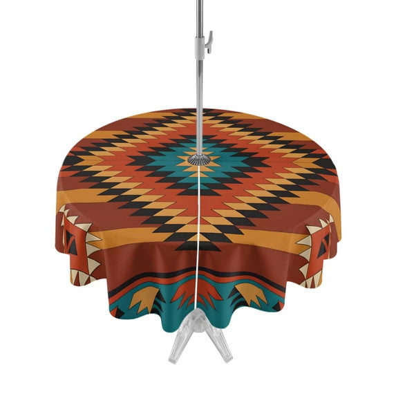 Aztec Tribe Round Outdoor Tablecloth with Umbrella Hole Rhombus ...