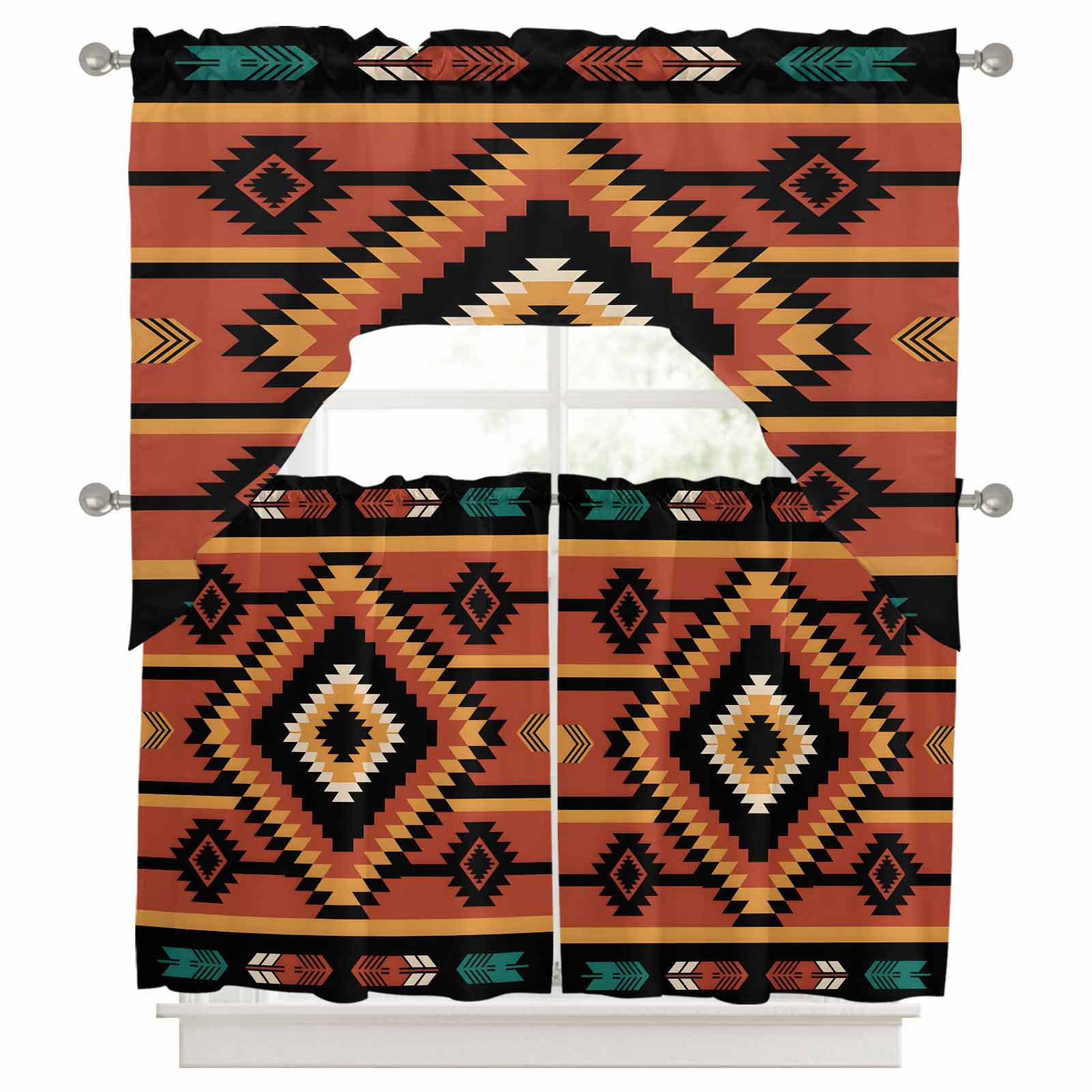 Aztec Tribe Swag Valance and Tier Set of 3, Brown Green Abstract ...