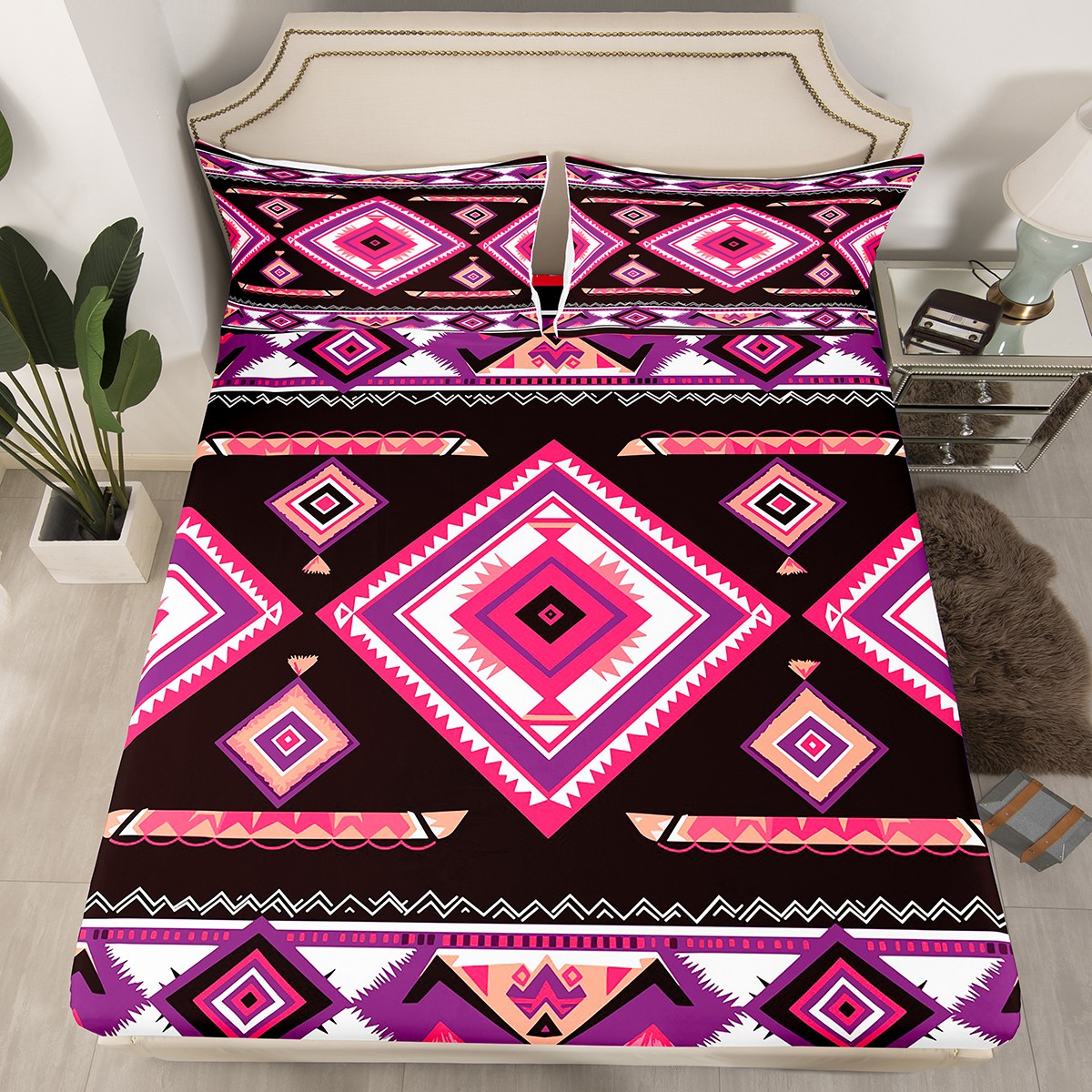 Aztec Twin Bed Sheets for Boys,Purple and Black Geometric Sheets Indian ...