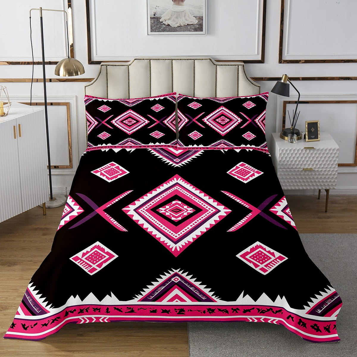 Aztec Twin Bedspread Set for Girls,Magenta and Black Geometric Coverlet ...