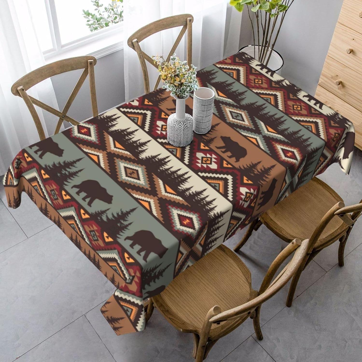 Aztec Vintage Bear and Deer Tablecloth, Vintage Geometric Forest Farm ...