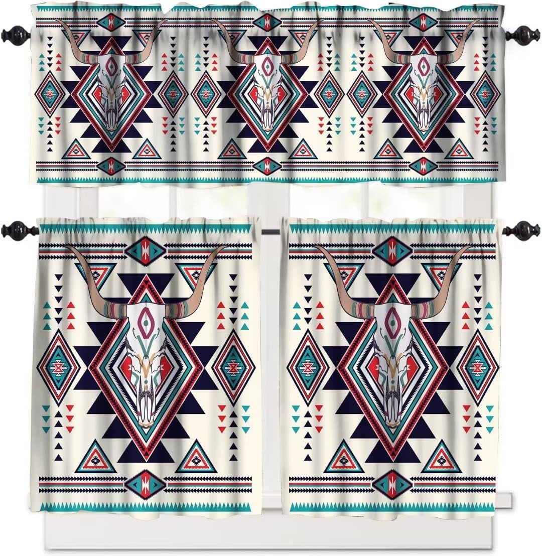 Aztec Window Curtain Set, Bull Skull Pattern Southwestern American ...