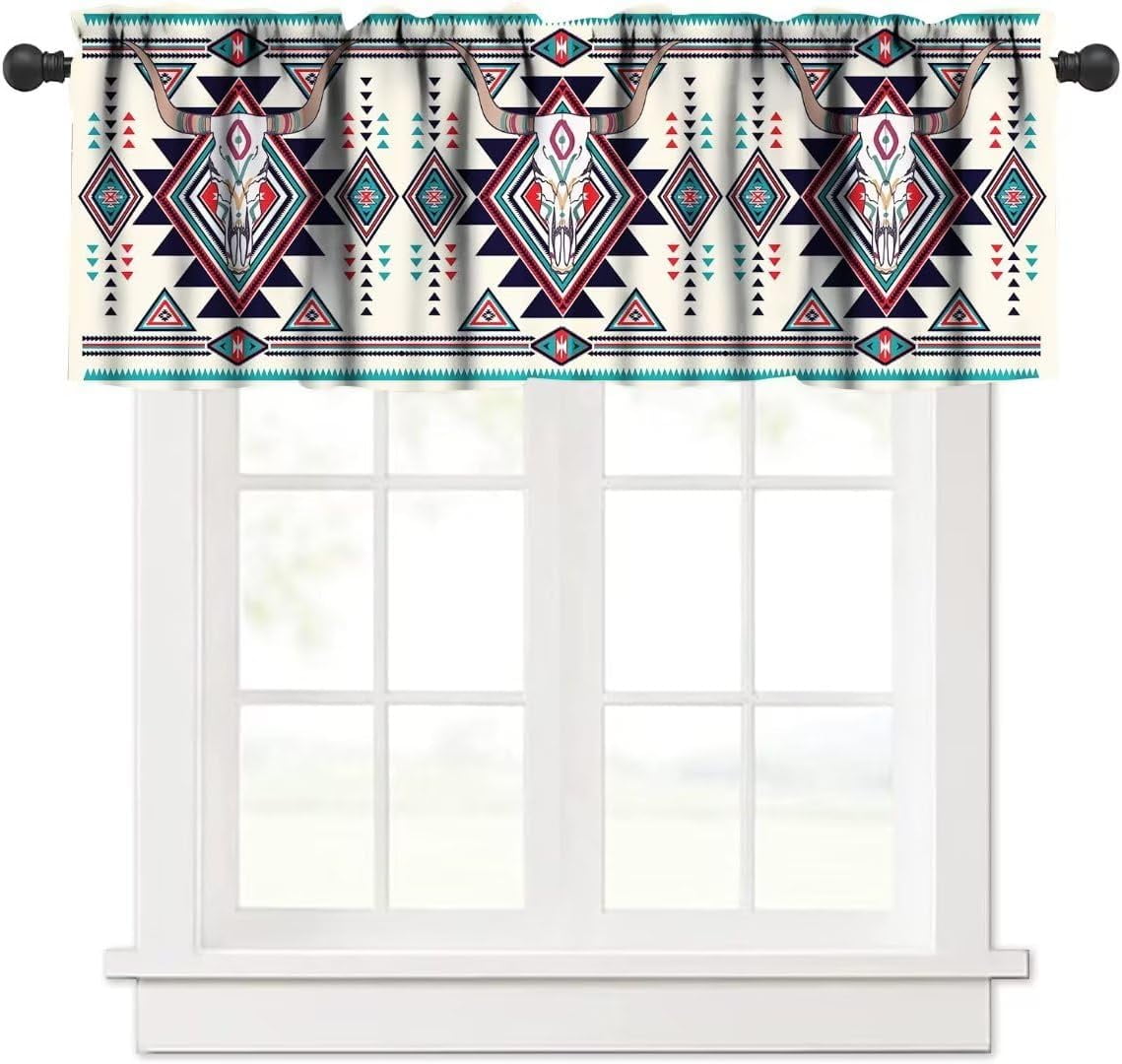 Aztec Window Valance Curtain, Bull Skull Pattern Southwestern American ...