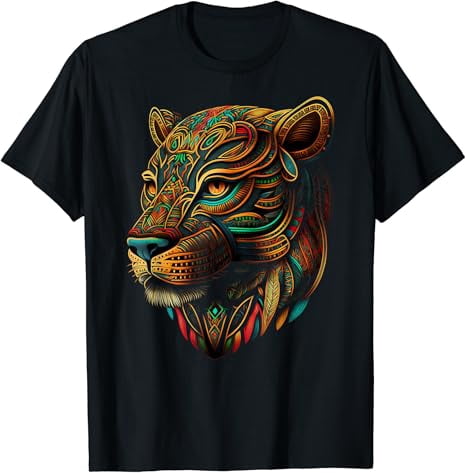 Azteca Mountain Lion Indigenous Aztec Art Colorful Animals T-Shirt ...