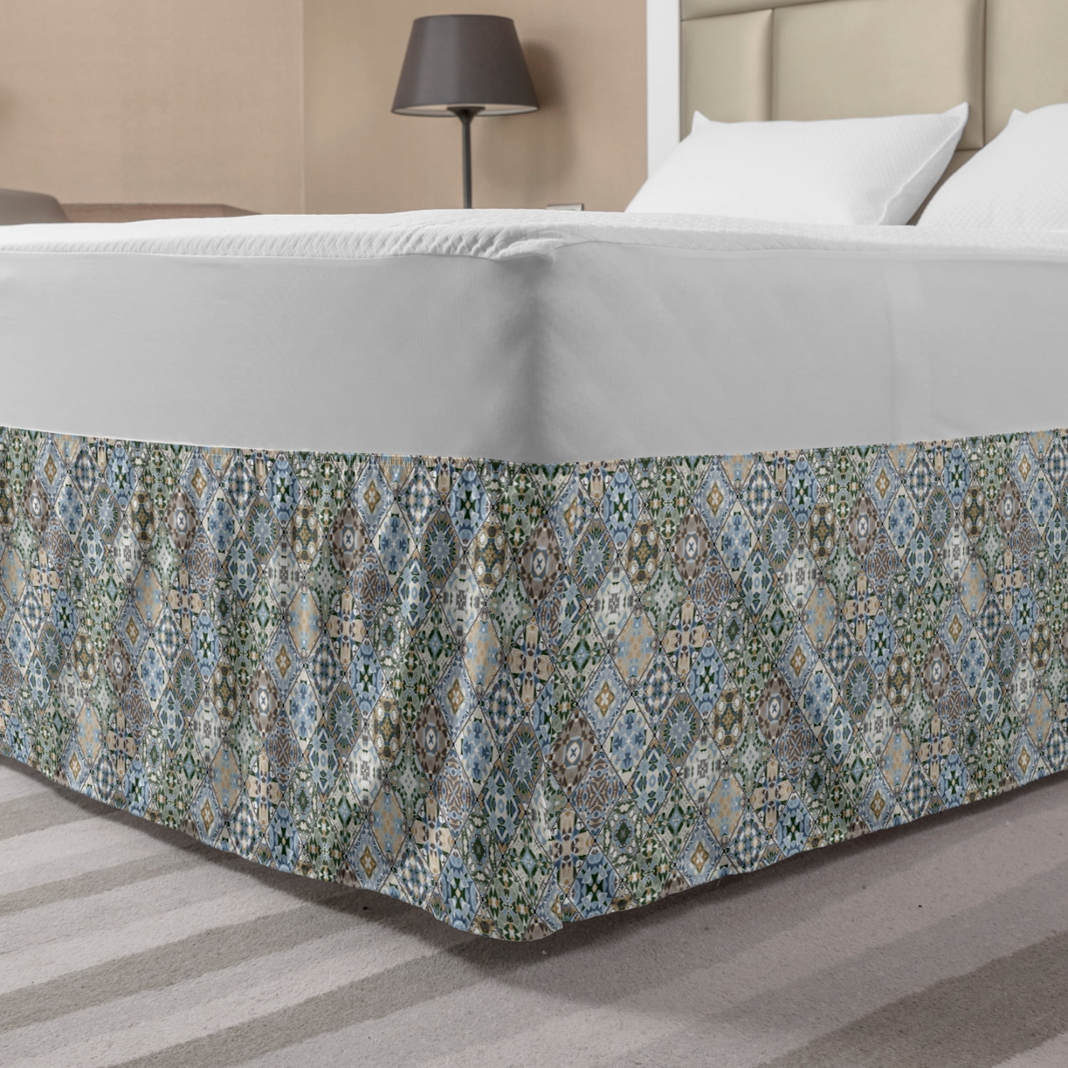 Azulejo Bed Skirt, Rhythmic Classical Ceramic Mosaic Print Oriental ...