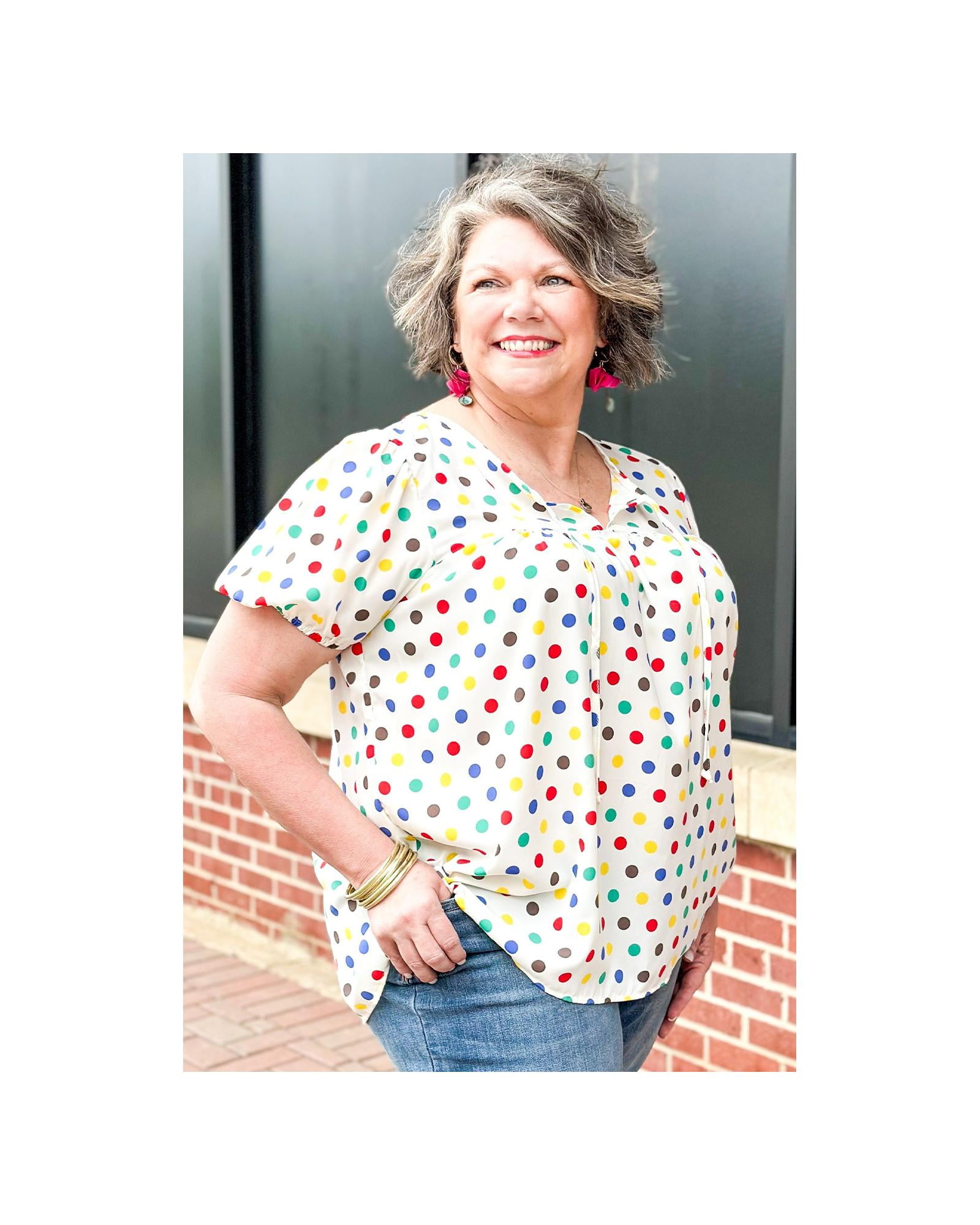 Azura Exchange Apricot Plus Size Colorful Polka Dots Tie Neck Puff ...