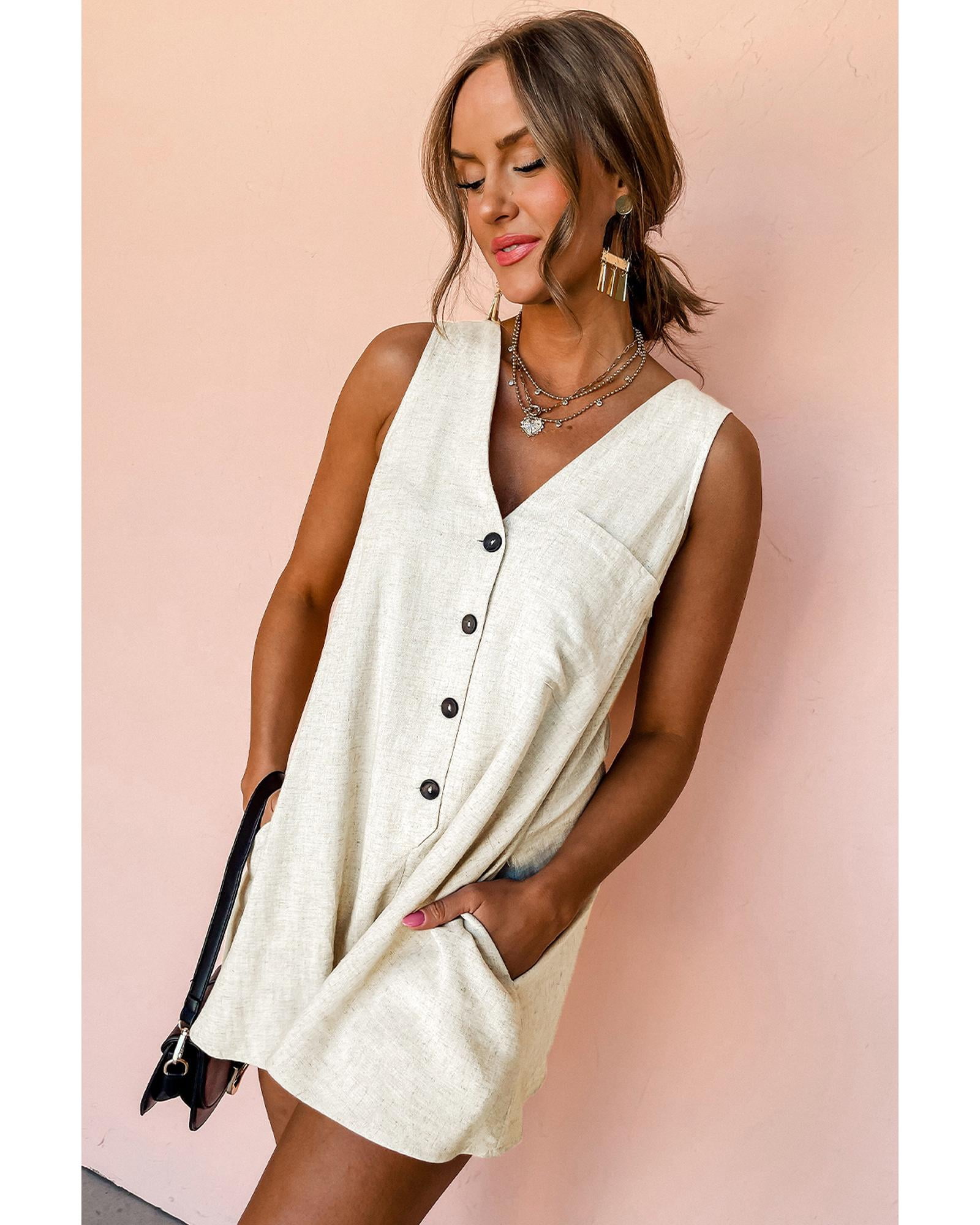 Azura Exchange Beige Sleeveless V Neck Buttoned Front Chest Pocket ...