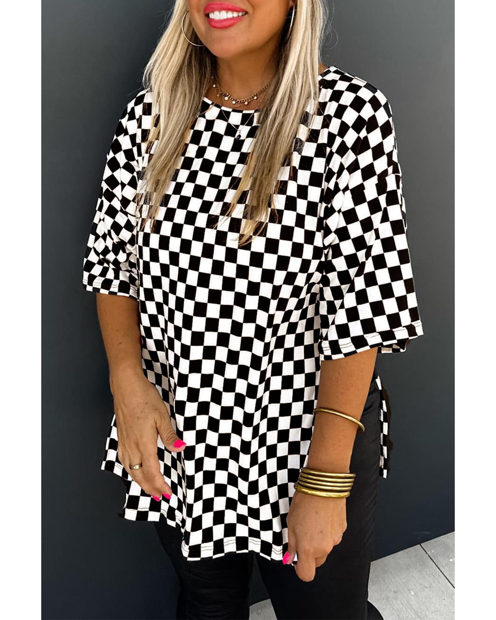 Azura Exchange Black Checkered Print Side Slits O Neck Plus Size T ...