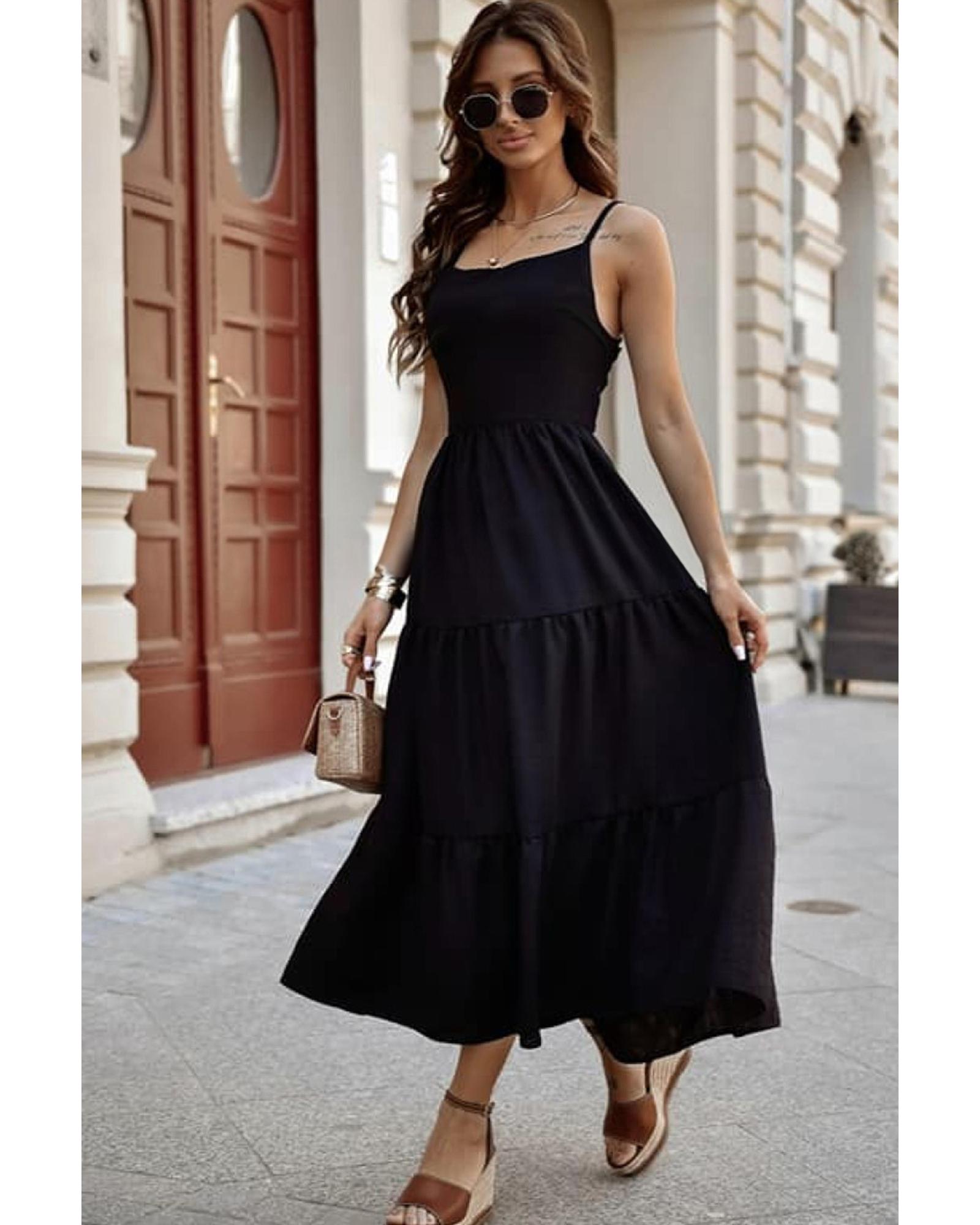 Azura Exchange Black Crossover Backless Bodice Tiered Maxi Dress Women ...