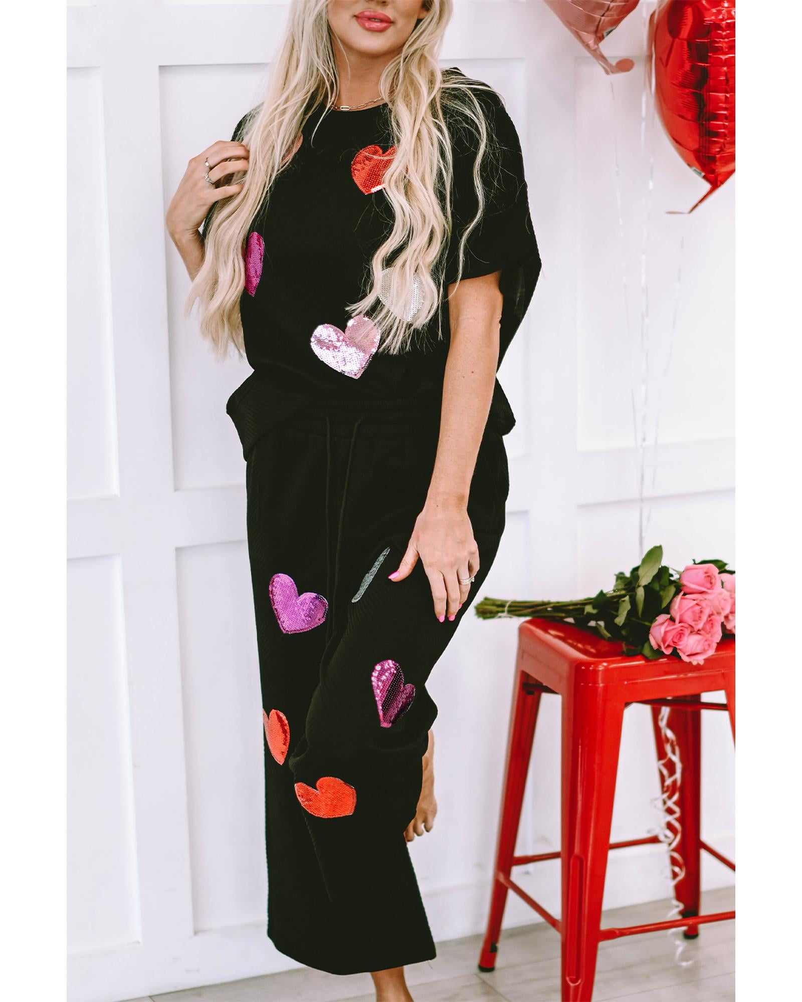 Azura Exchange Black Sequin Heart Popping Graphic Textured 2pcs Outfit ...