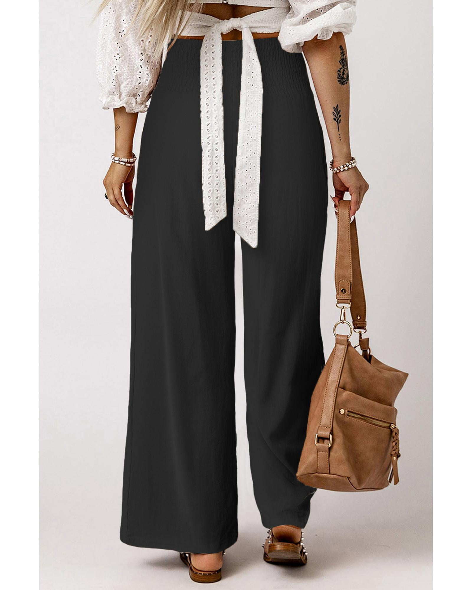 Azura Exchange Black Smocked Wide Waistband High Waist Wide Leg Pants ...