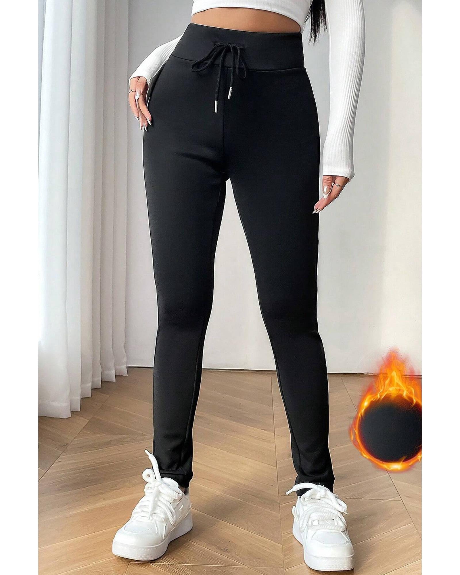 Azura Exchange Black Solid Drawstring Waist Thermal Lined Leggings ...