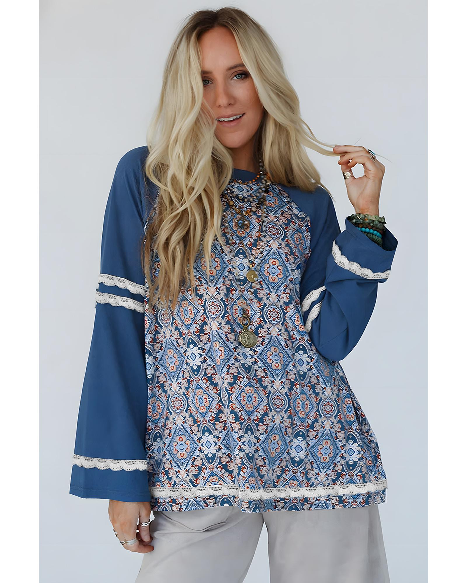 Azura Exchange Blue Geometric Printed Lace Patchwork Ric Rac Raglan ...