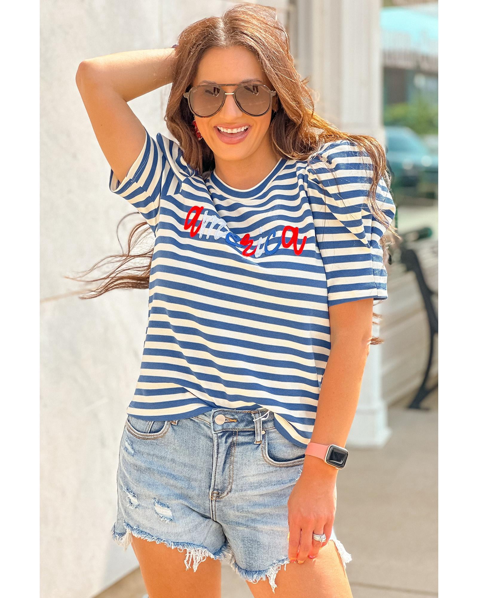 Azura Exchange Blue Stripe America Cursive Graphic Puff Sleeve T-shirt ...