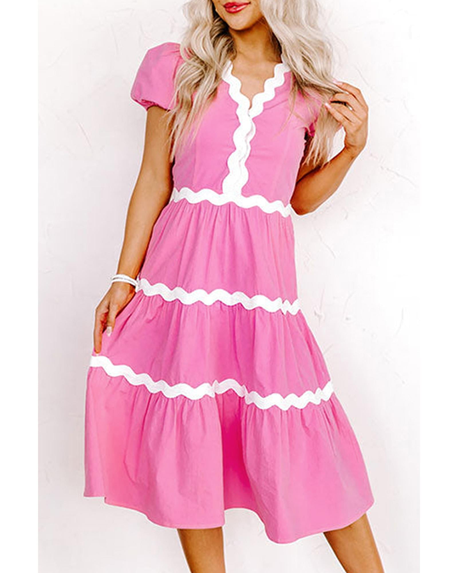Azura Exchange Bonbon Ric Rac Trim Short Puff Sleeve Flowy Midi Dress ...