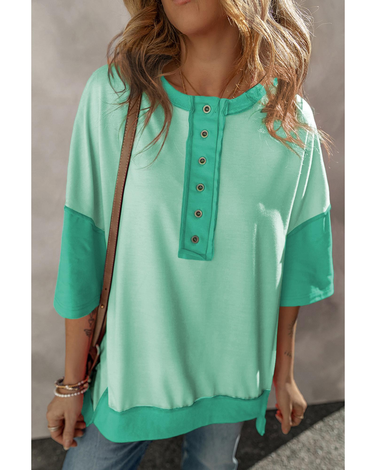 Azura Exchange Bright Green Contrast Color Patchwork Half Button T ...