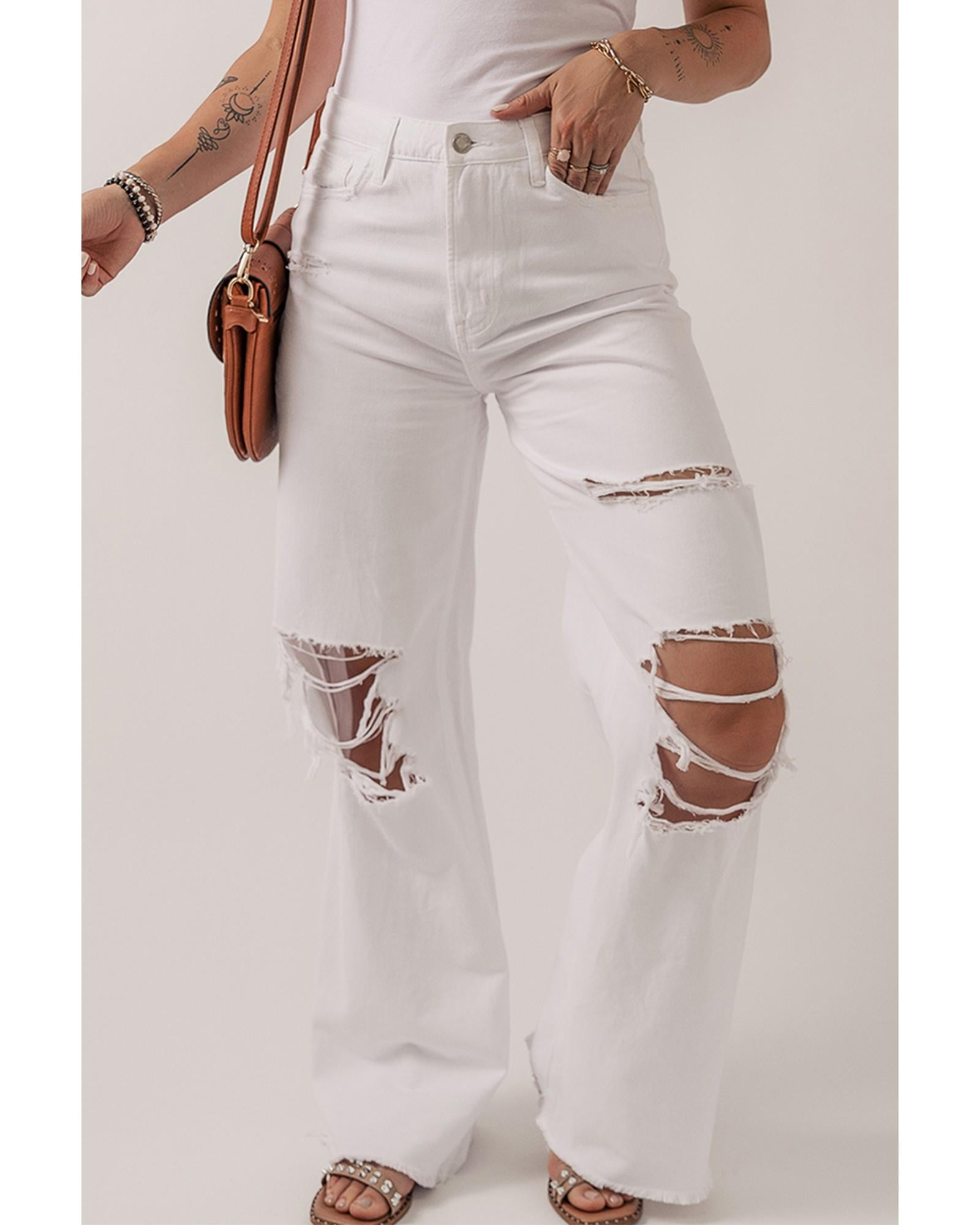 Azura Exchange - Bright White Heavy Distressed Straight Leg Jeans - Walmart.com