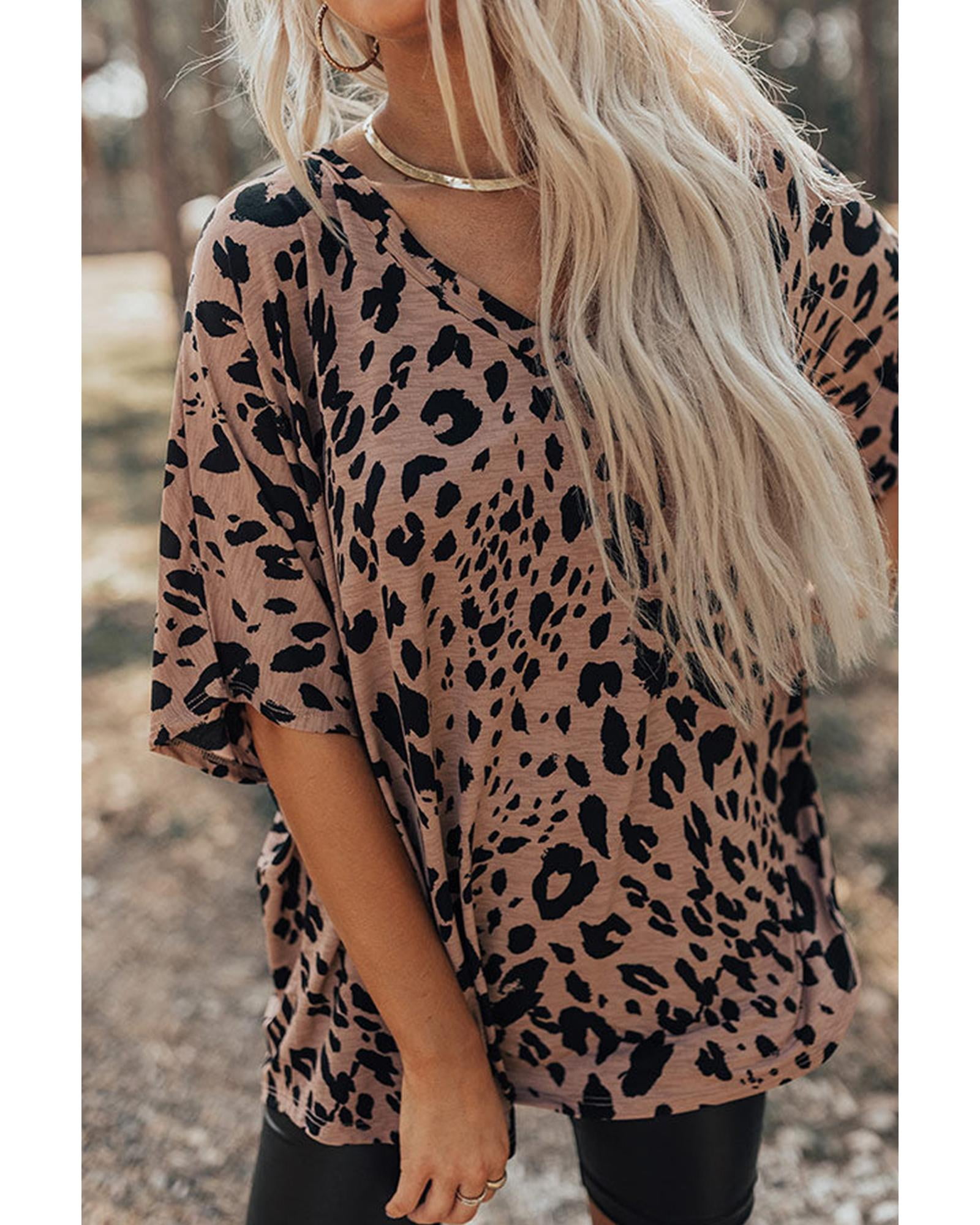 Azura Exchange Brown Leopard Print V Neck Half Sleeve Oversized Tee ...