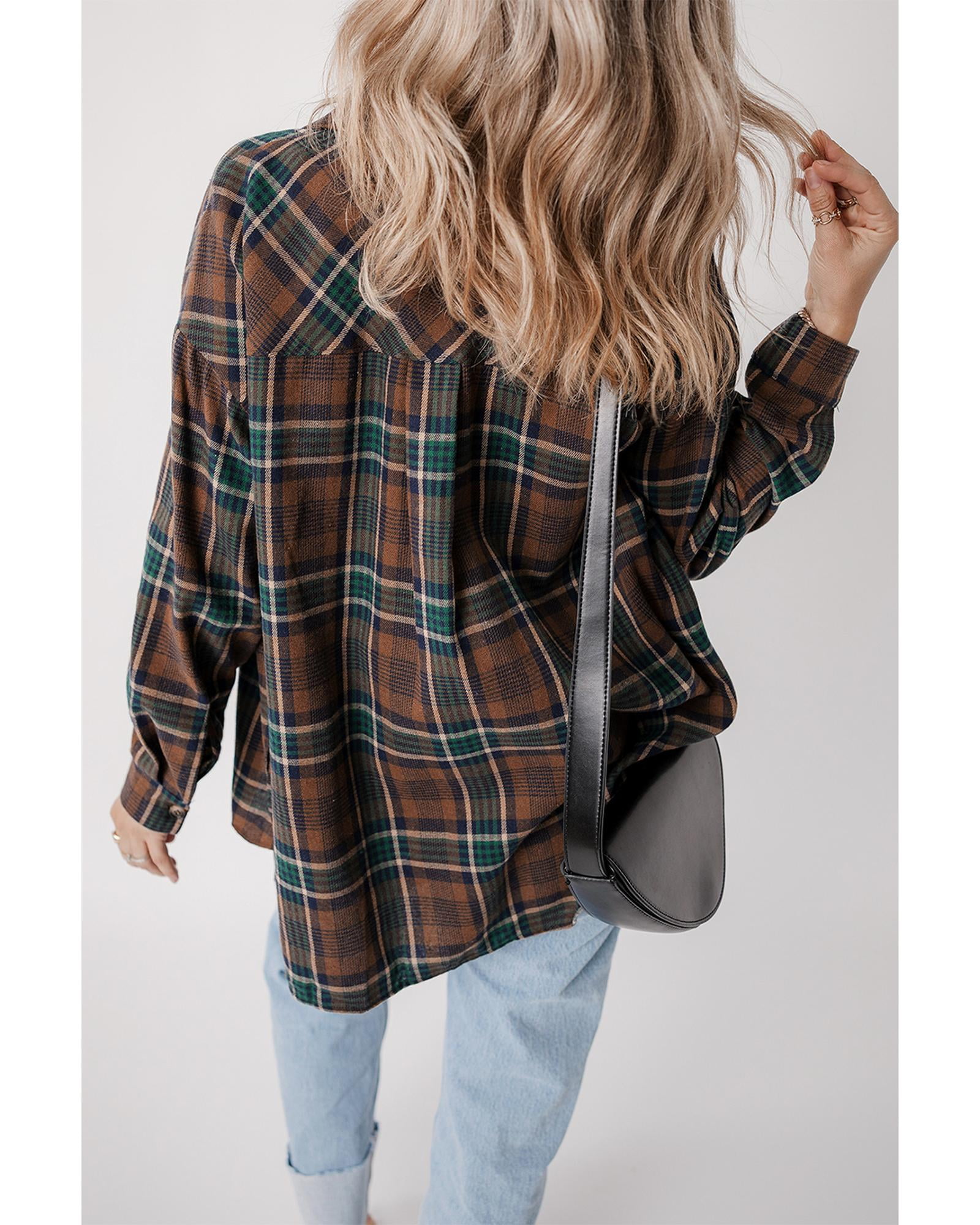 Azura Exchange Brown Plaid Print Chest Pockets Buttoned Shirt Jacket ...