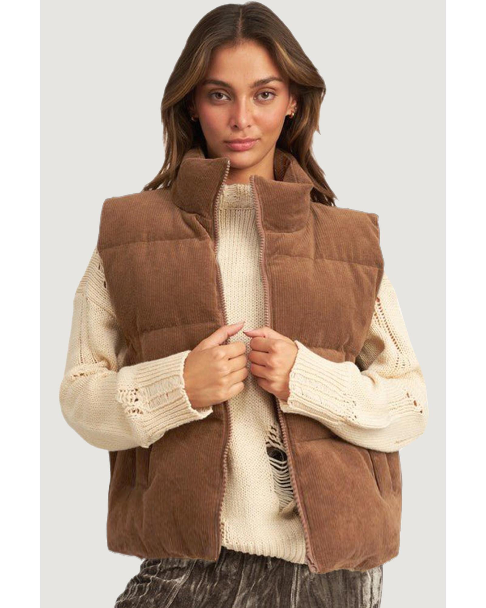 Azura Exchange Coffee Corduroy Stand Neck Zipped Puffer Vest Women ...