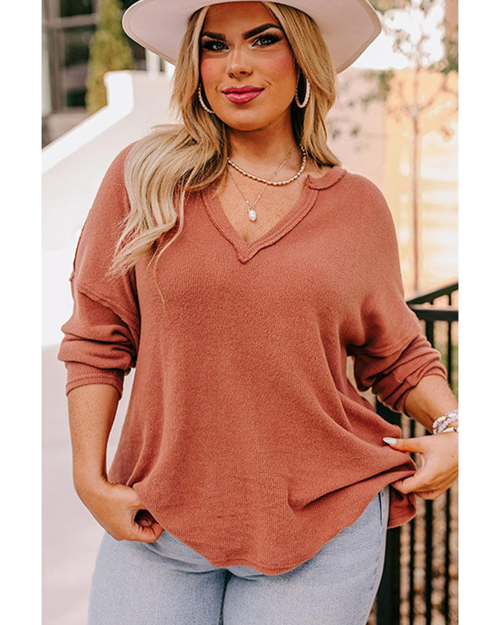 Azura Exchange Gold Flame Plus Size Exposed Seam V Neck Long Sleeve Top ...