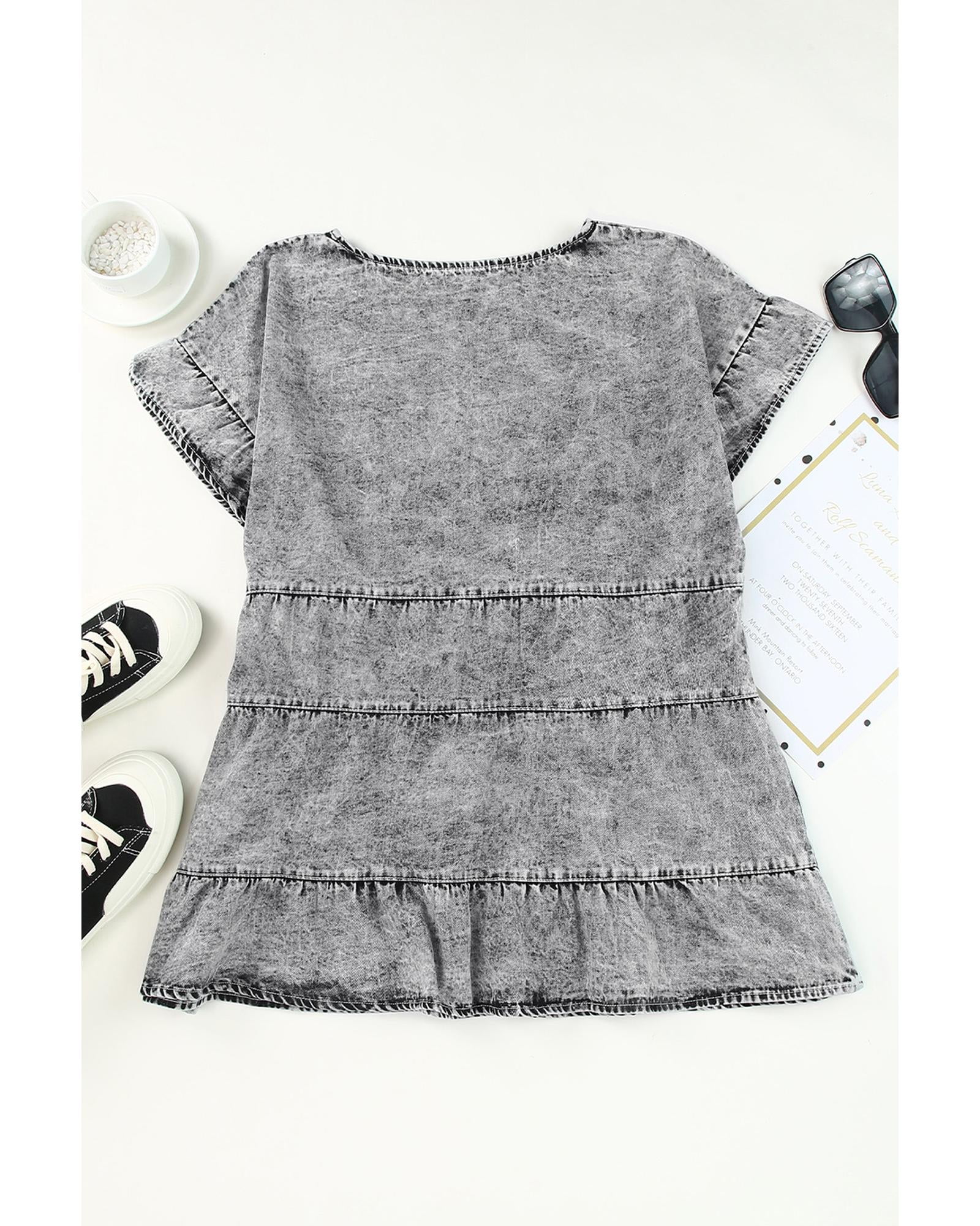 Azura Exchange - Gray Flutter Sleeves Tiered Denim Top - Tops - Walmart.com