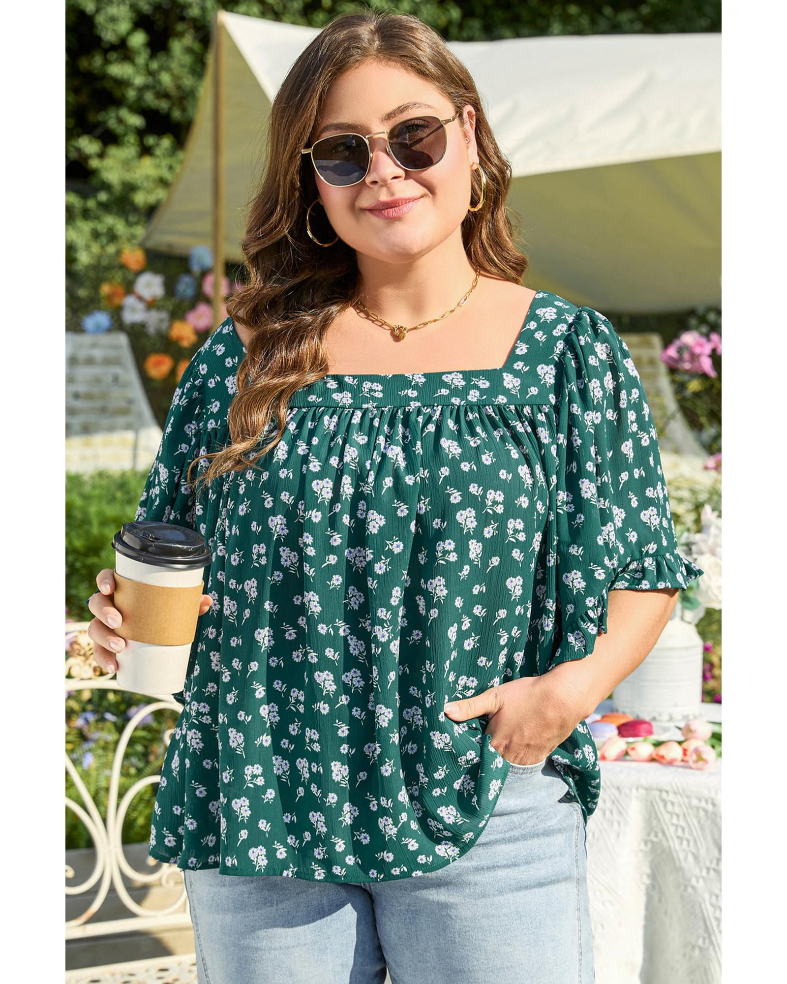 Azura Exchange Green Floral Print Square Neck Ruffled Trim Plus Size ...