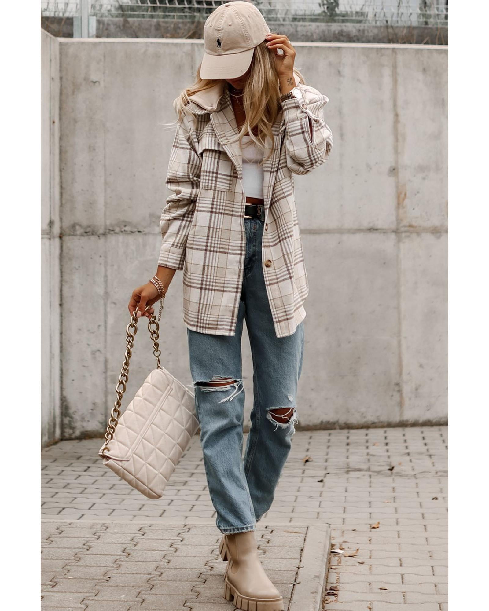 Azura Exchange Khaki Plaid Removable Hood Buttoned Shacket Women ...