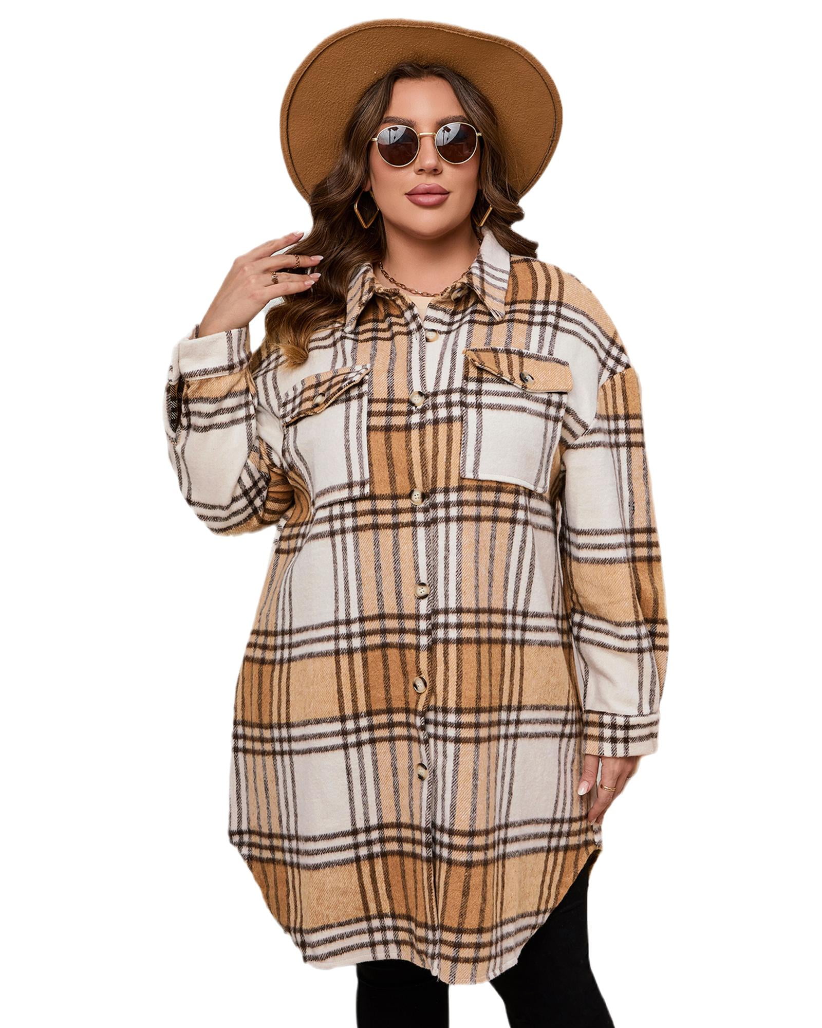 Azura Exchange Khaki Plus Size Plaid Chest Pockets Long Shacket Women ...