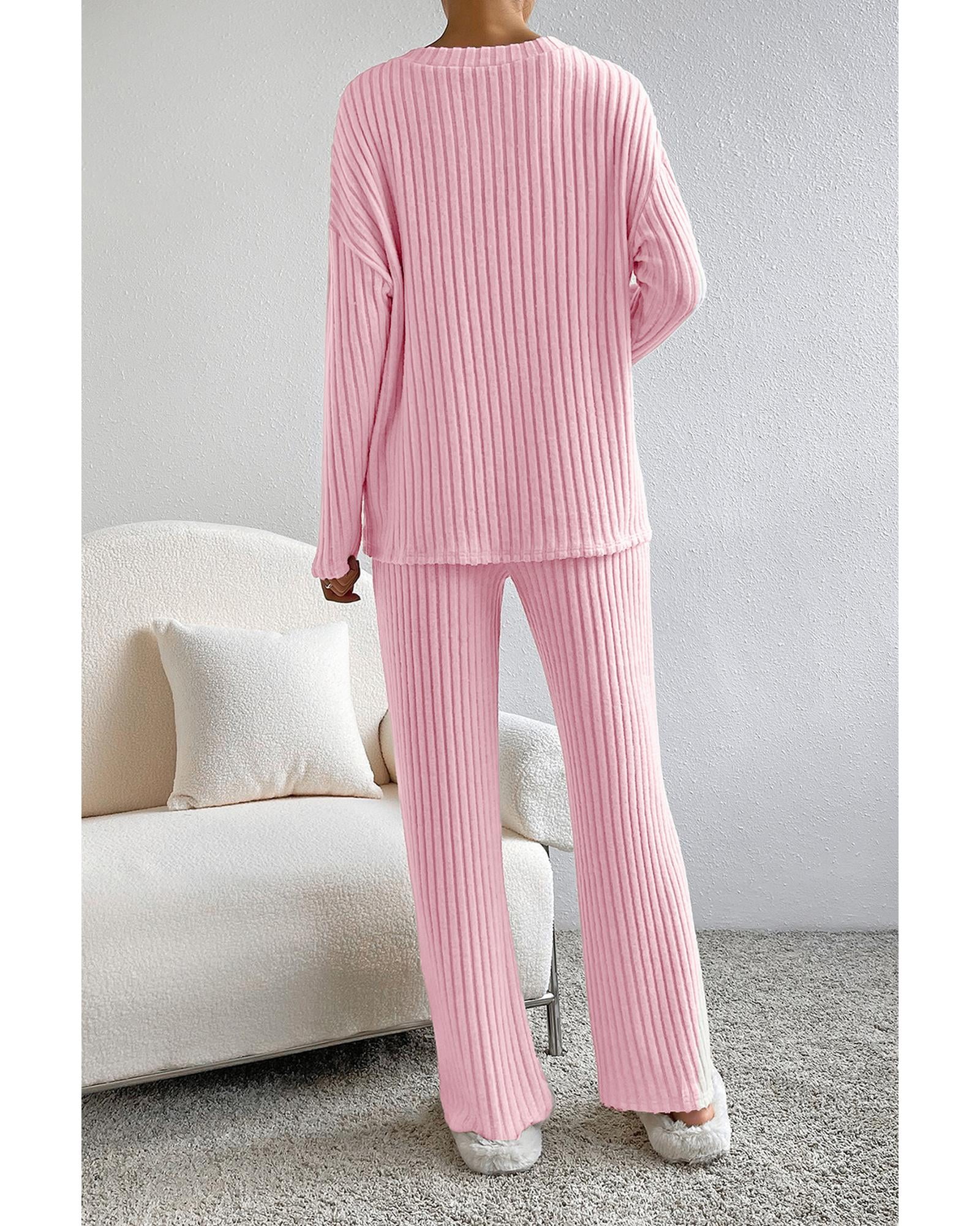 Azura Exchange Light Pink Ribbed Knit V Neck Slouchy Two-piece Outfit ...